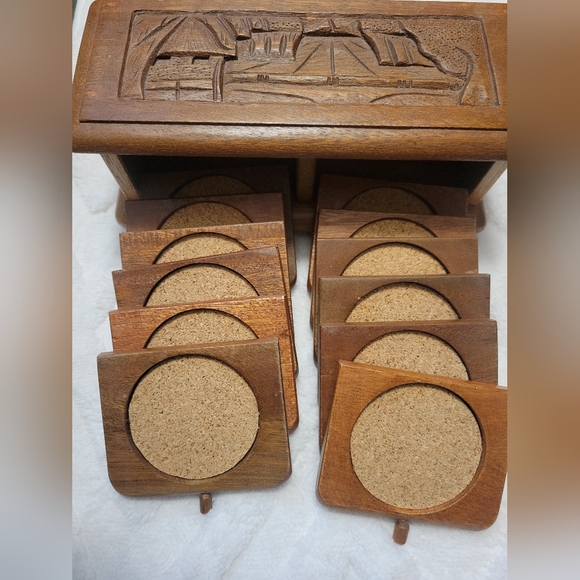 Accents | Vintage Coaster Set Hand Carved Wood Box 12 Coasters ...